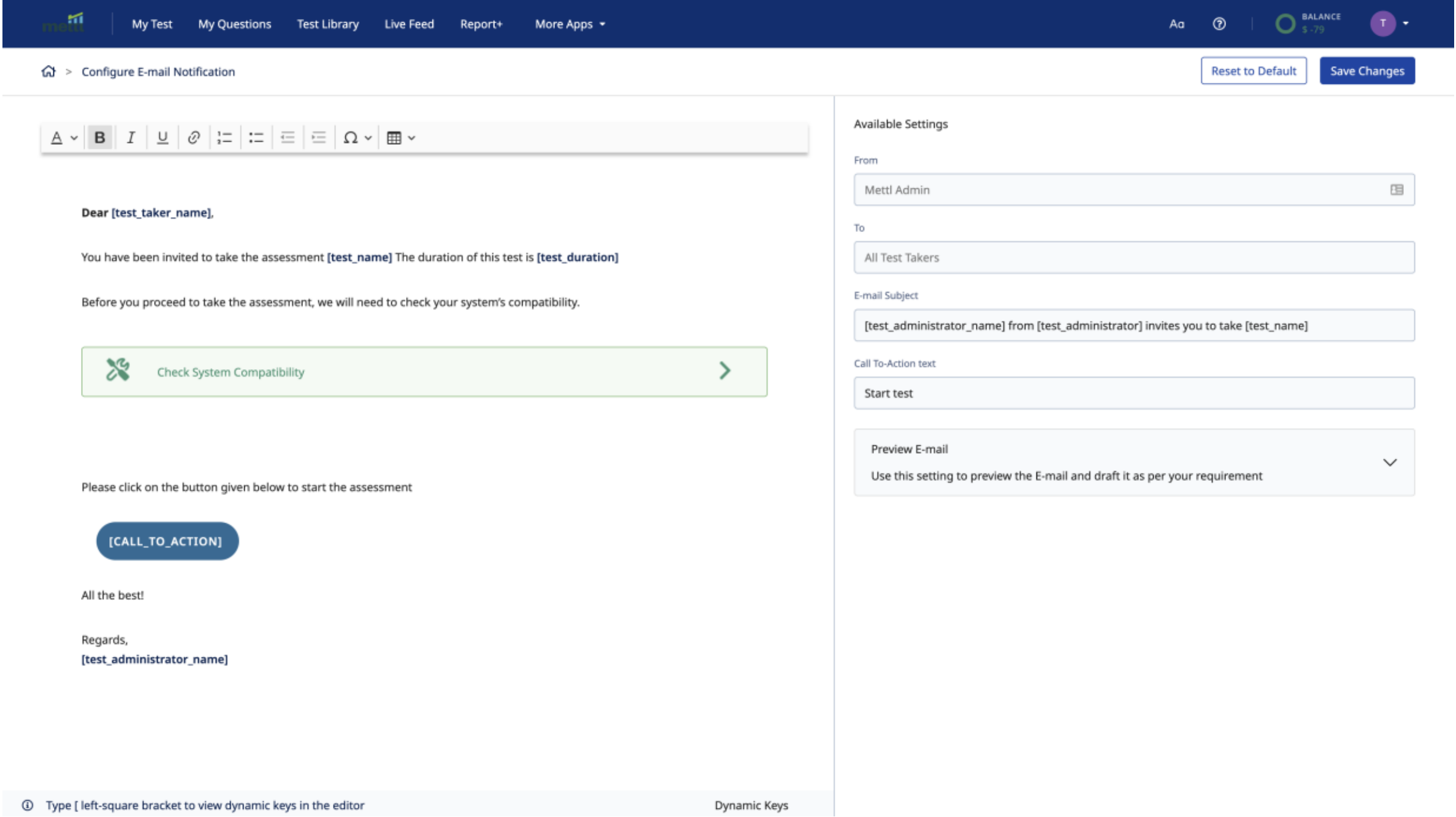 Dynamic Keys for Email Notification